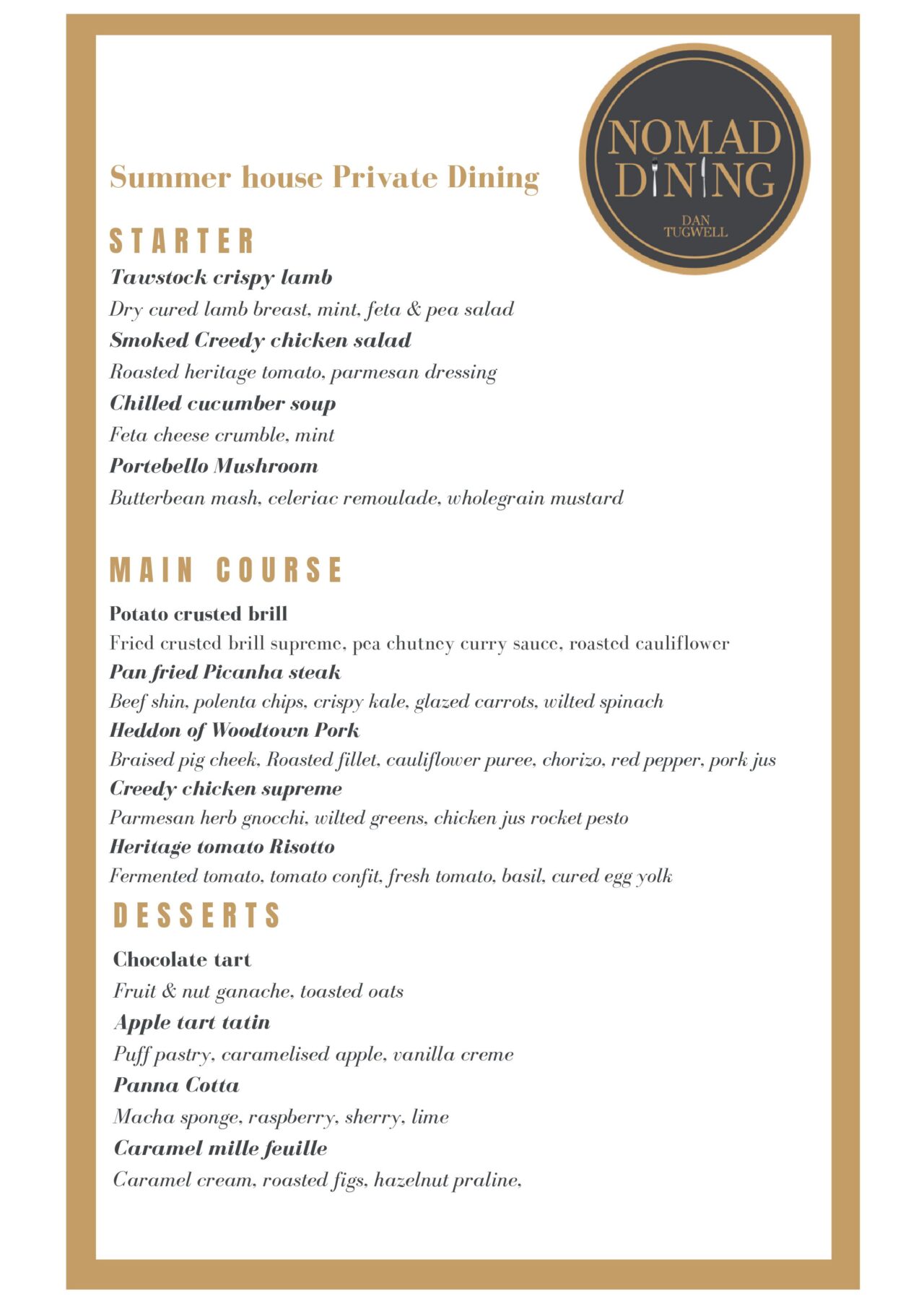 Private Dining & Catering Sample Menu | North Devon