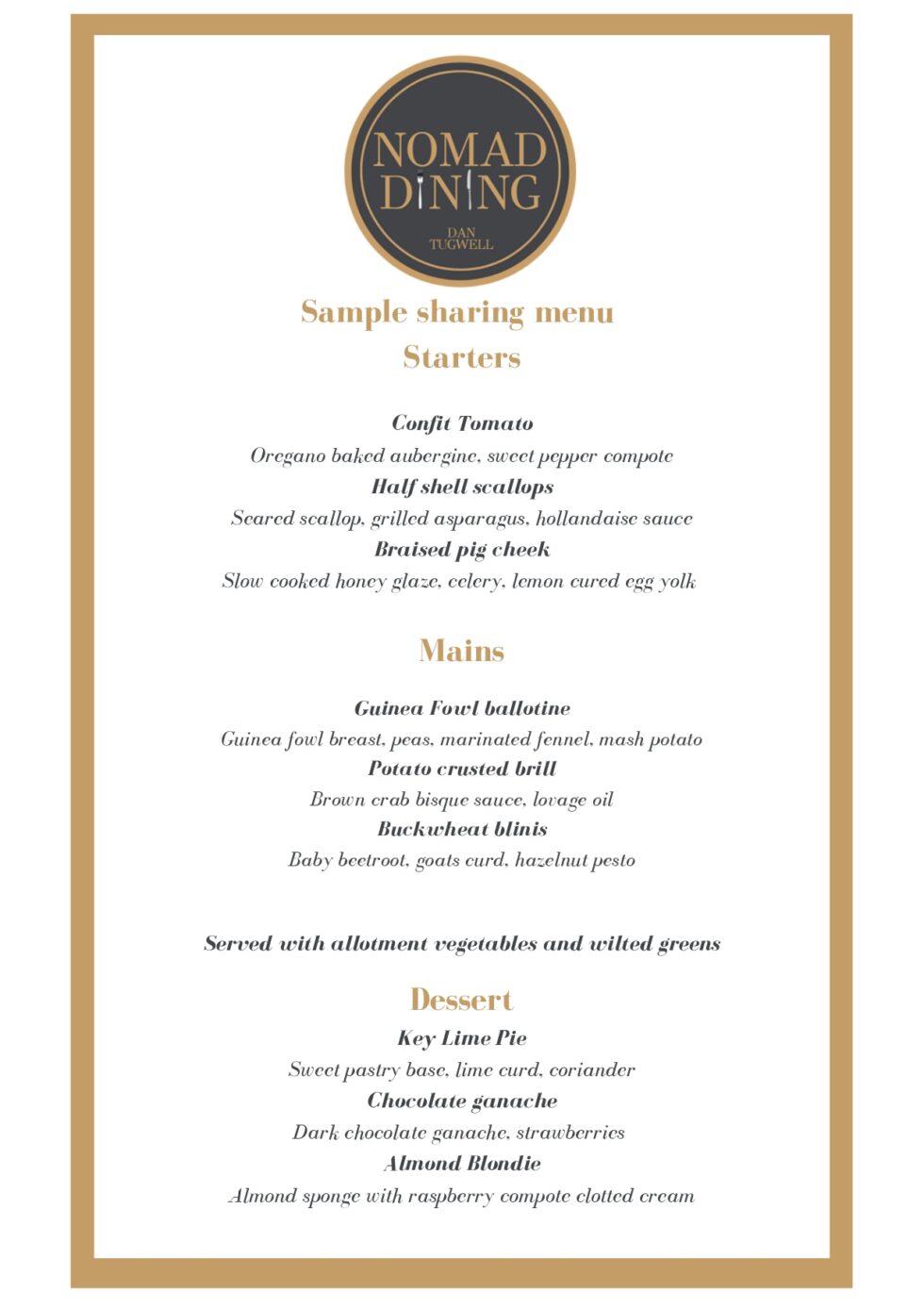 Private Dining & Catering Sample Menu | North Devon